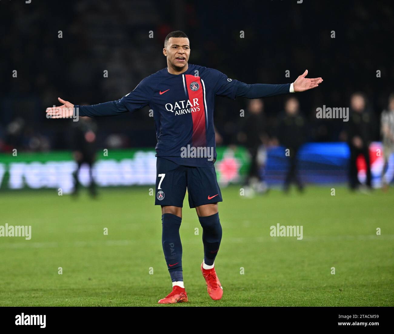 PARIS, FRANCE - NOVEMBER 28: Kylian Mbappe of PSG open arms gesture ...