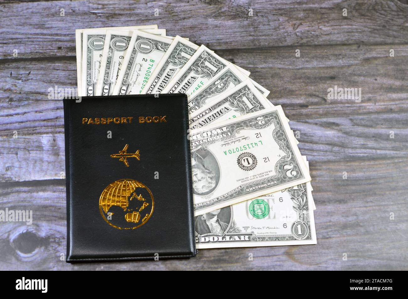 Black passport book with a plane and the globe earth on its cover ...