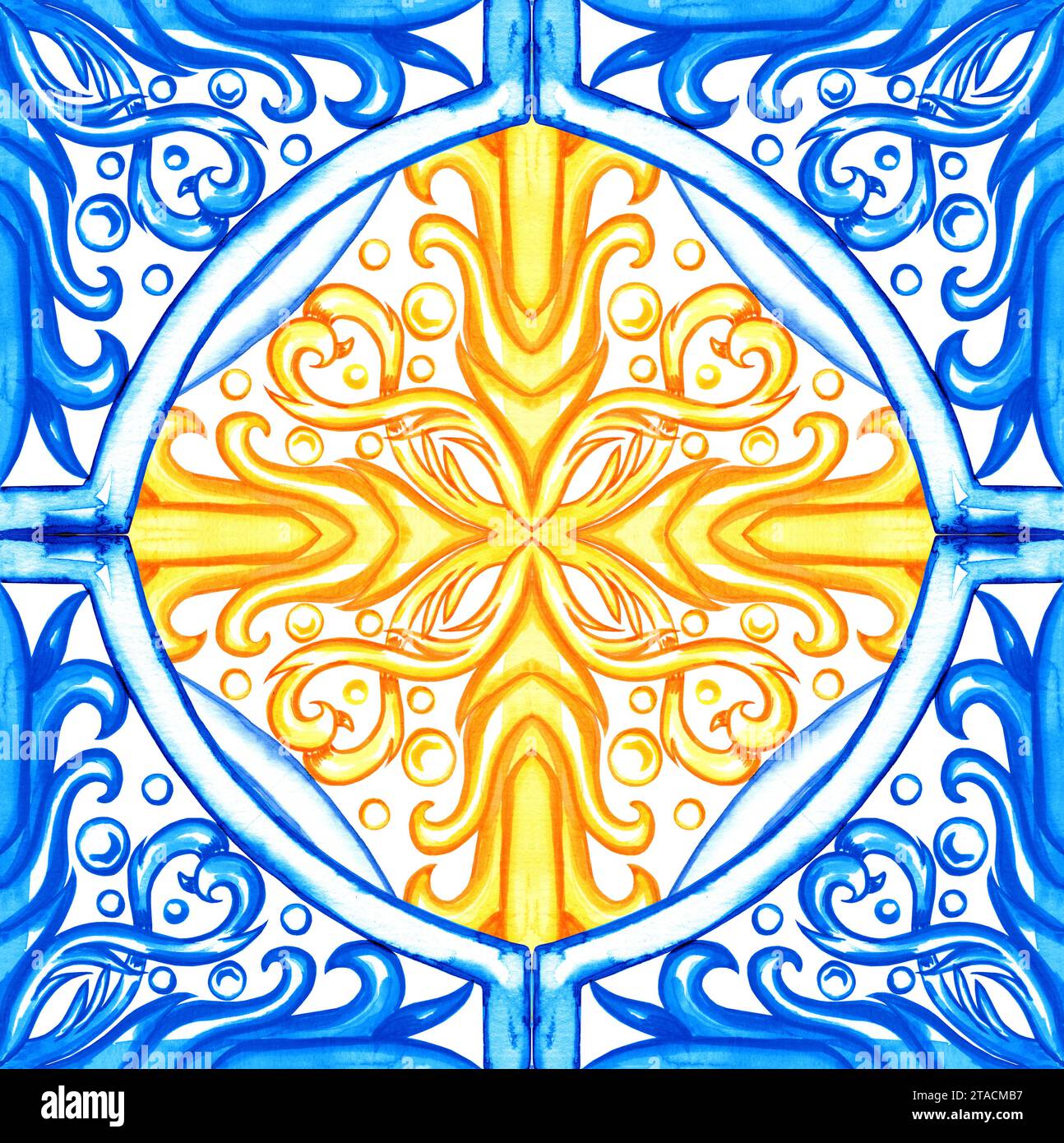 Majolica watercolor seamless pattern. Sicilian hand drawn ornament ...