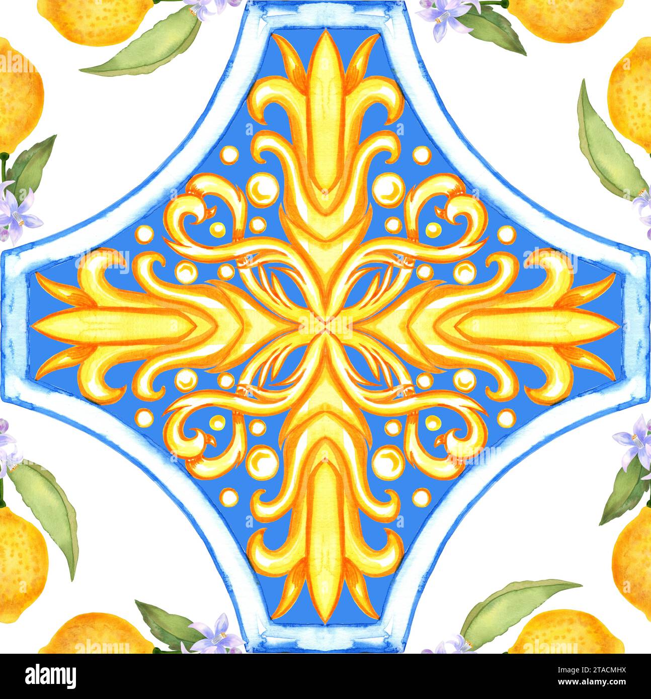 Mediterranean seamless pattern. Blue majolica tiles and yellow lemons ...