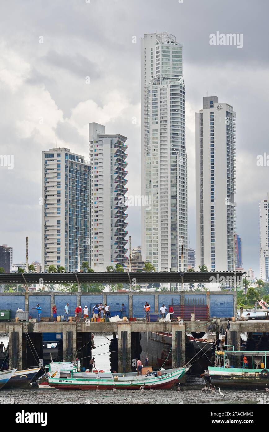 People unloading fish from small boats at the Panama City seafood ...