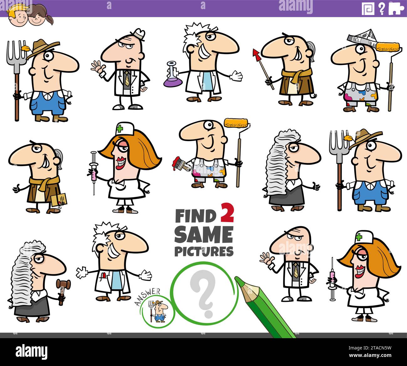 Cartoon illustration of finding two same pictures educational activity ...