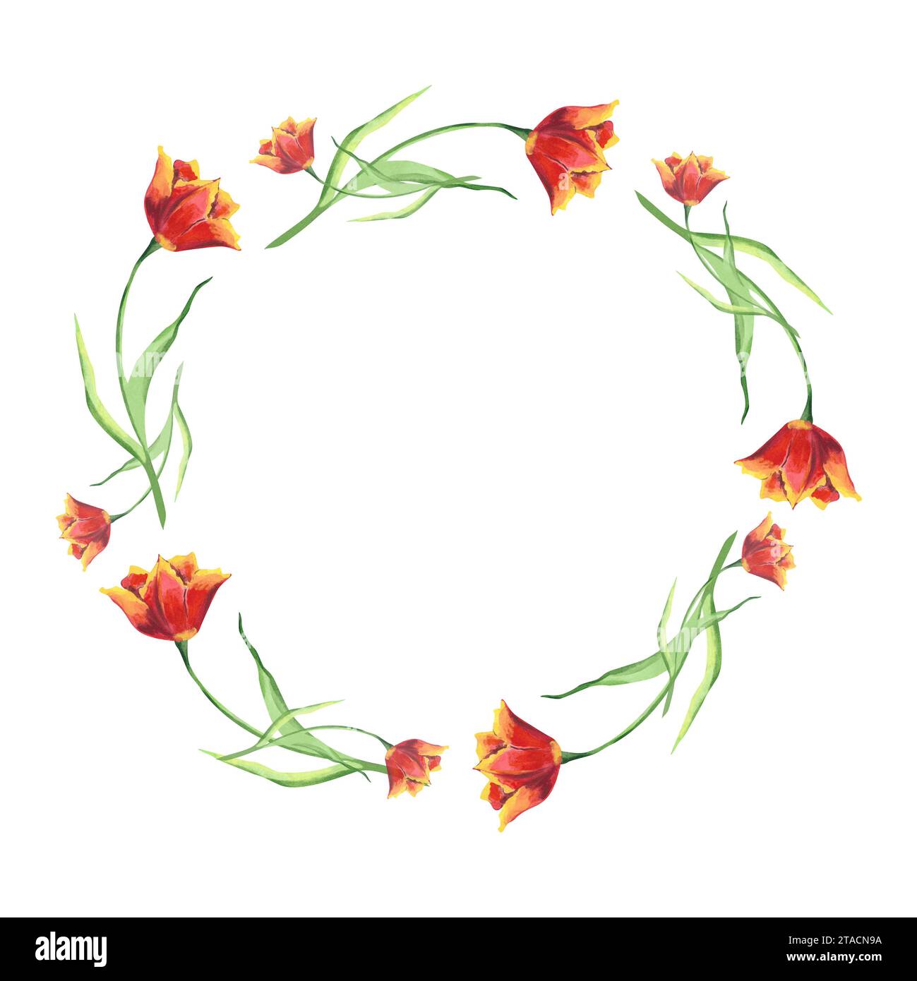 Watercolor floral wreath with red tulips. Circle frame for invitations ...