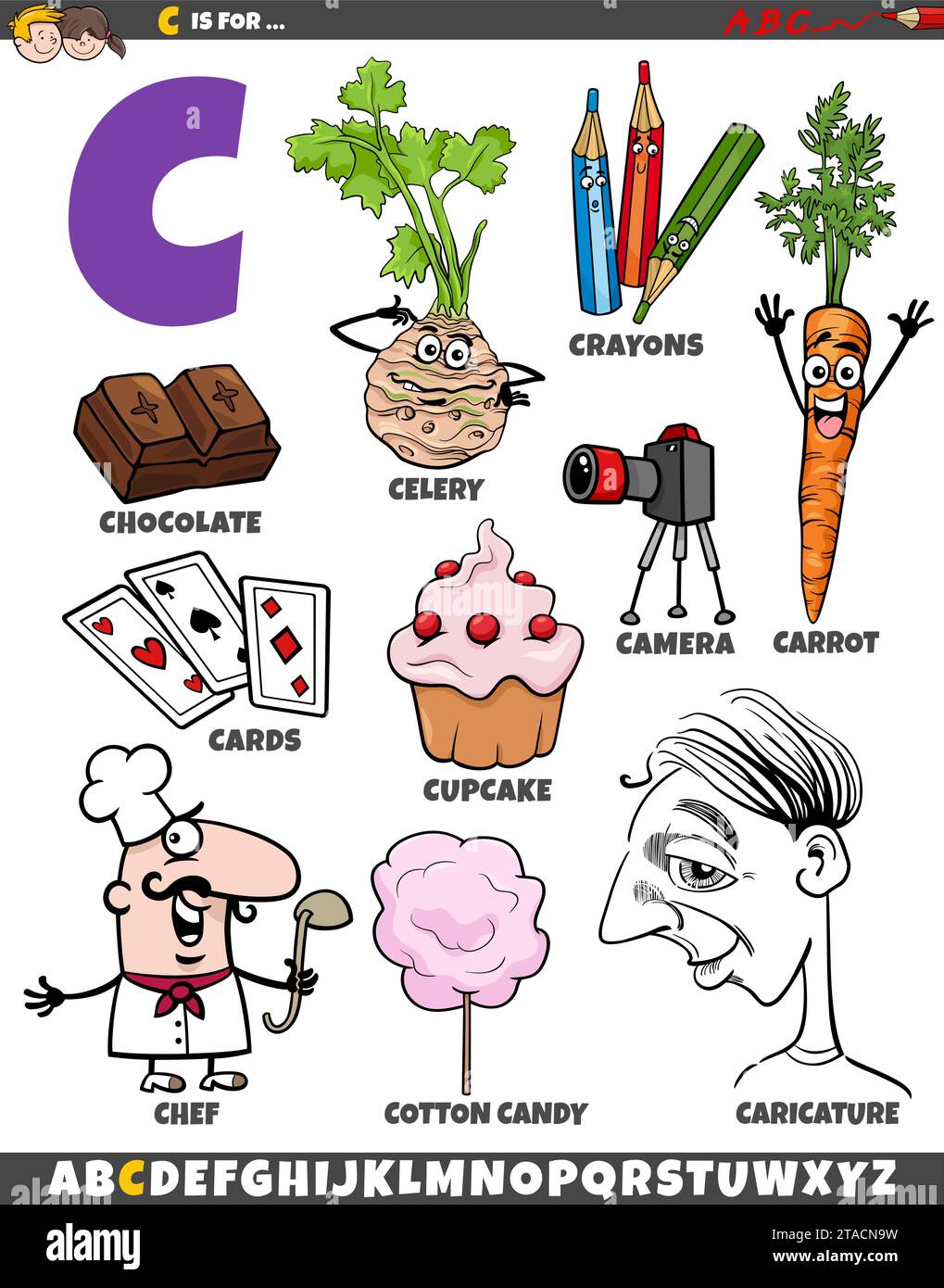 Cartoon illustration of objects and characters set for letter C Stock ...