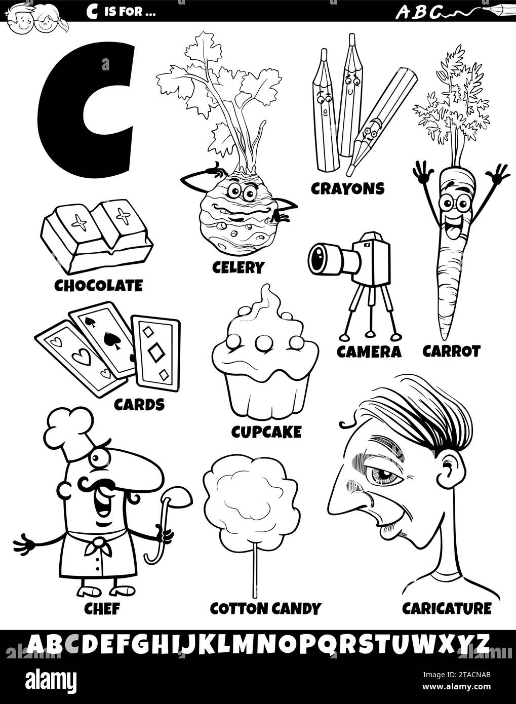Cartoon Illustration Of Objects And Characters Set For Letter C Coloring Page Stock Vector Image