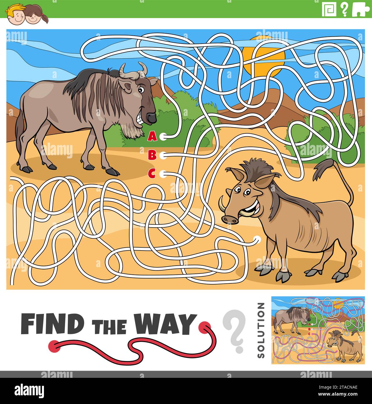 Cartoon illustration of find the way maze puzzle activity with ...