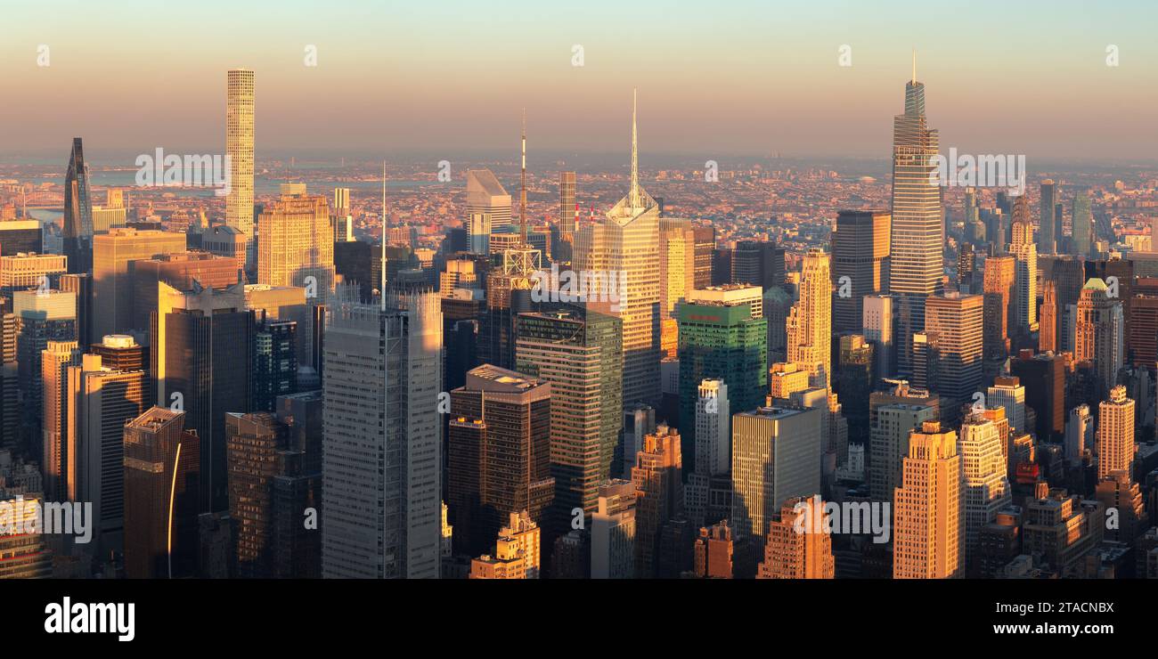 New York City skyscrapers at sunset. Aerial panoramic view of supertall ...