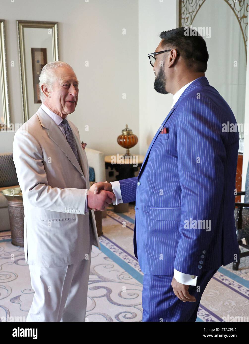 King Charles III with President of Guyana Irfaan Ali during a bilateral ...