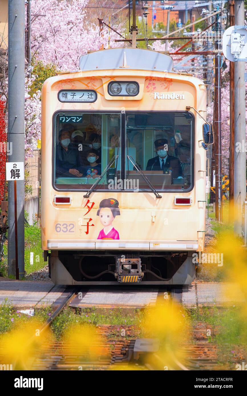 Kyoto, Japan - March 31 2023: Keifuku Tram is operated by Keifuku ...