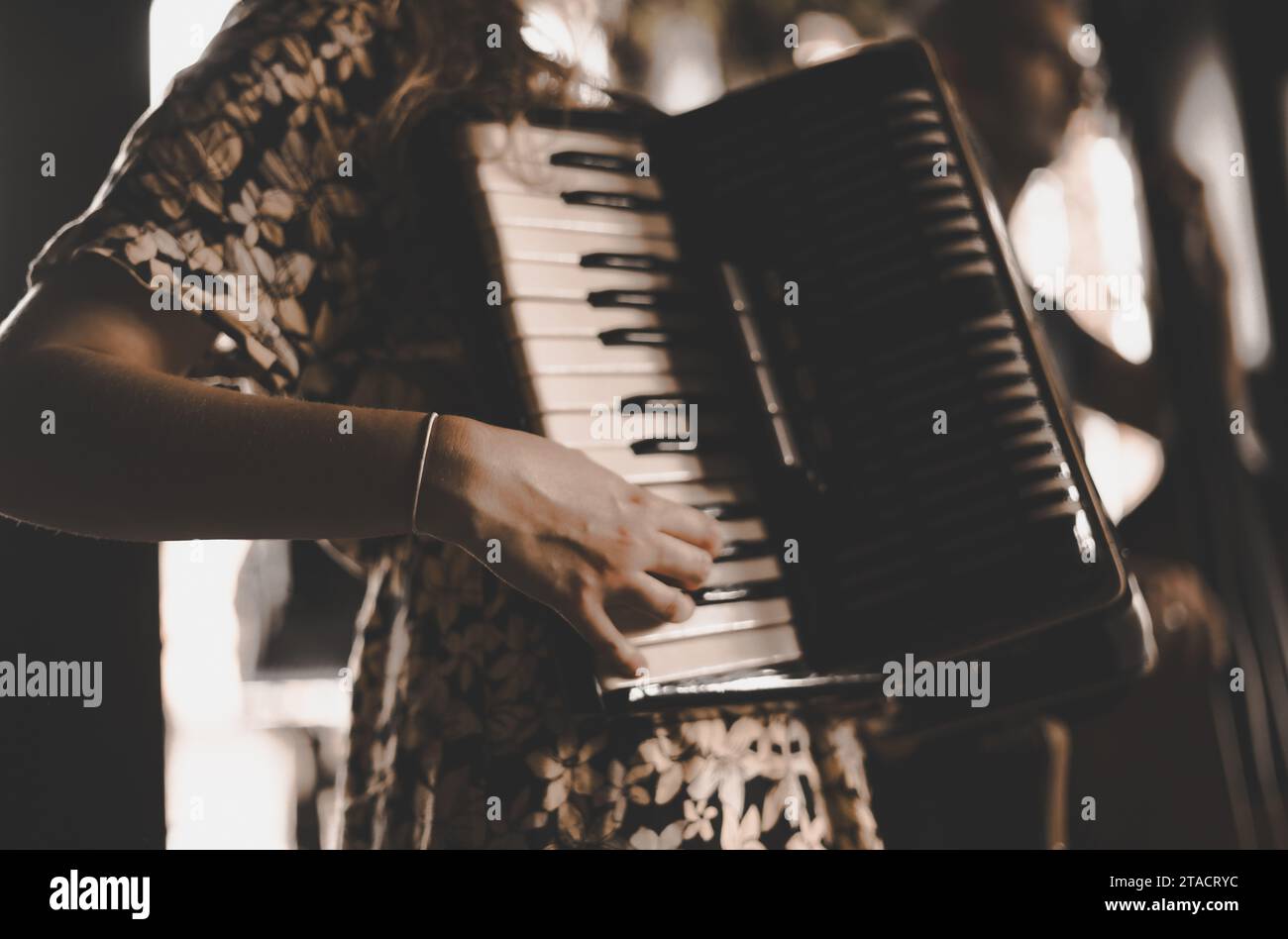 Woman playing the accordion, vintage style Stock Photo - Alamy