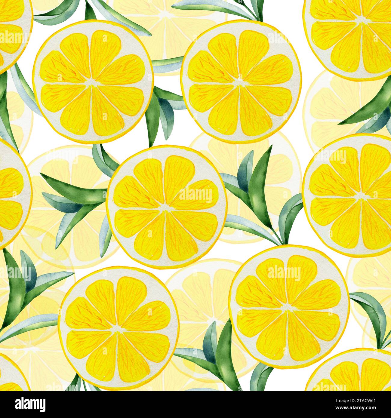 Round lemon slices and leaves watercolor seamless pattern. Endless ...