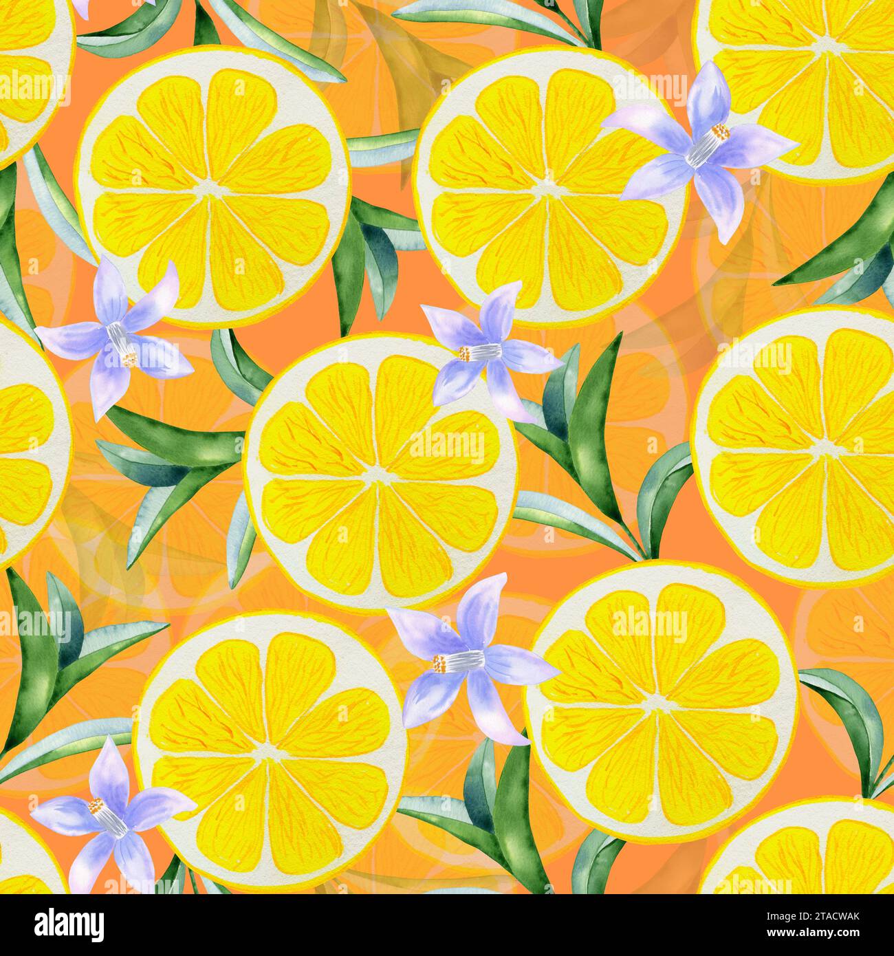 Round lemon slices and leaves watercolor seamless pattern. Endless ...