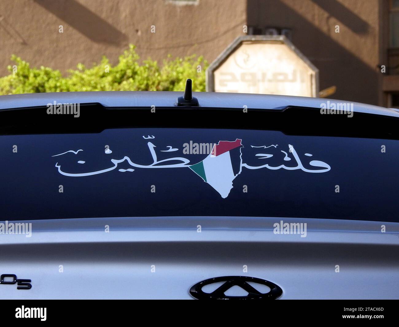 Cairo, Egypt, November 14 2023: Arabic word of Palestine on the back ...