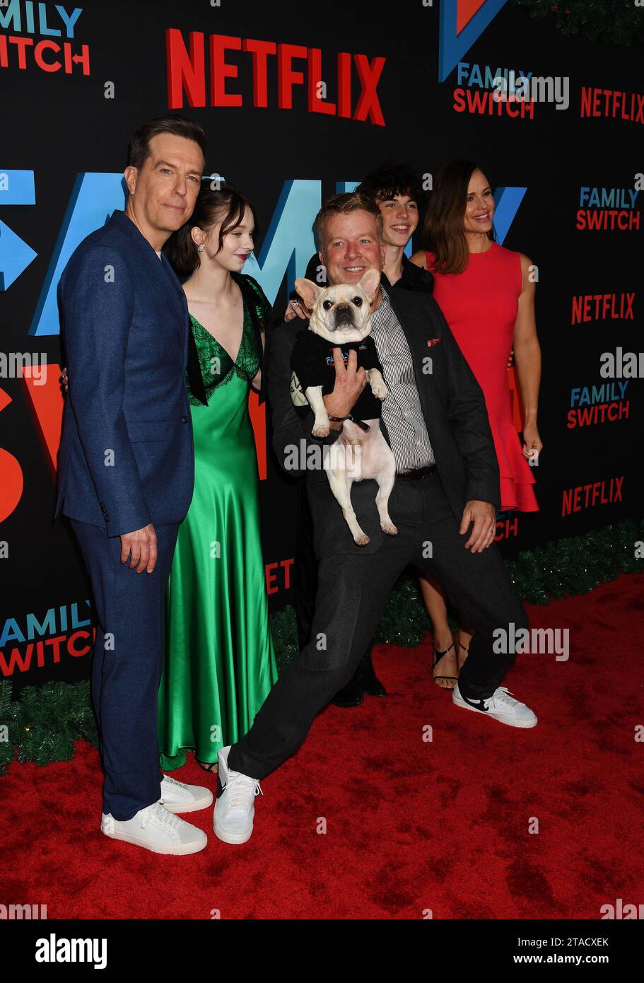 LOS ANGELES, CALIFORNIA - NOVEMBER 29: (L-R) Ed Helms, Emma Myers, McG, Brady Noon and Jennifer ...