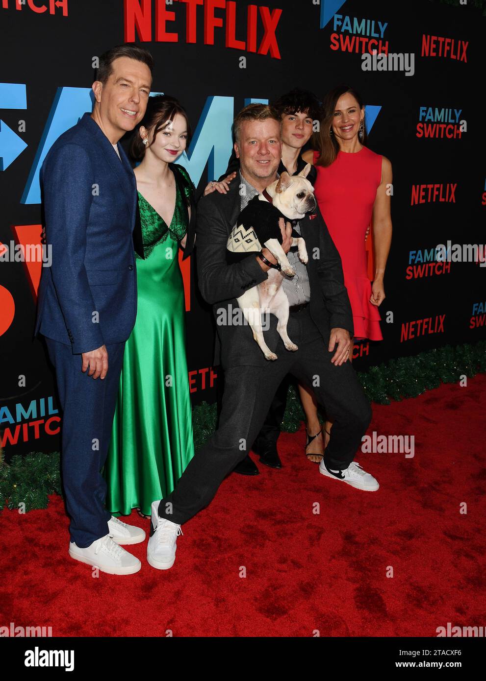 LOS ANGELES, CALIFORNIA - NOVEMBER 29: (L-R) Ed Helms, Emma Myers, McG, Brady Noon and Jennifer ...