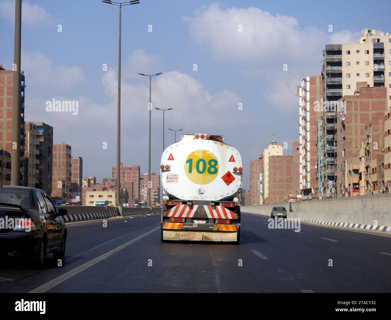 Giza, Egypt, September 9 2022: Tanker truck with a container tank with ...