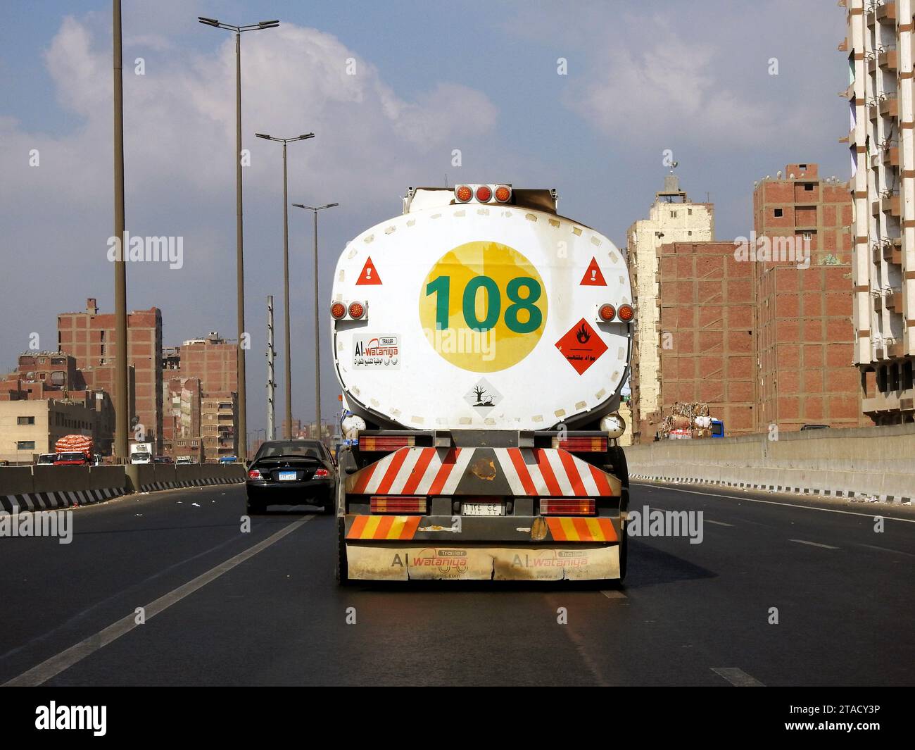 Giza, Egypt, September 9 2022: Tanker truck with a container tank with ...