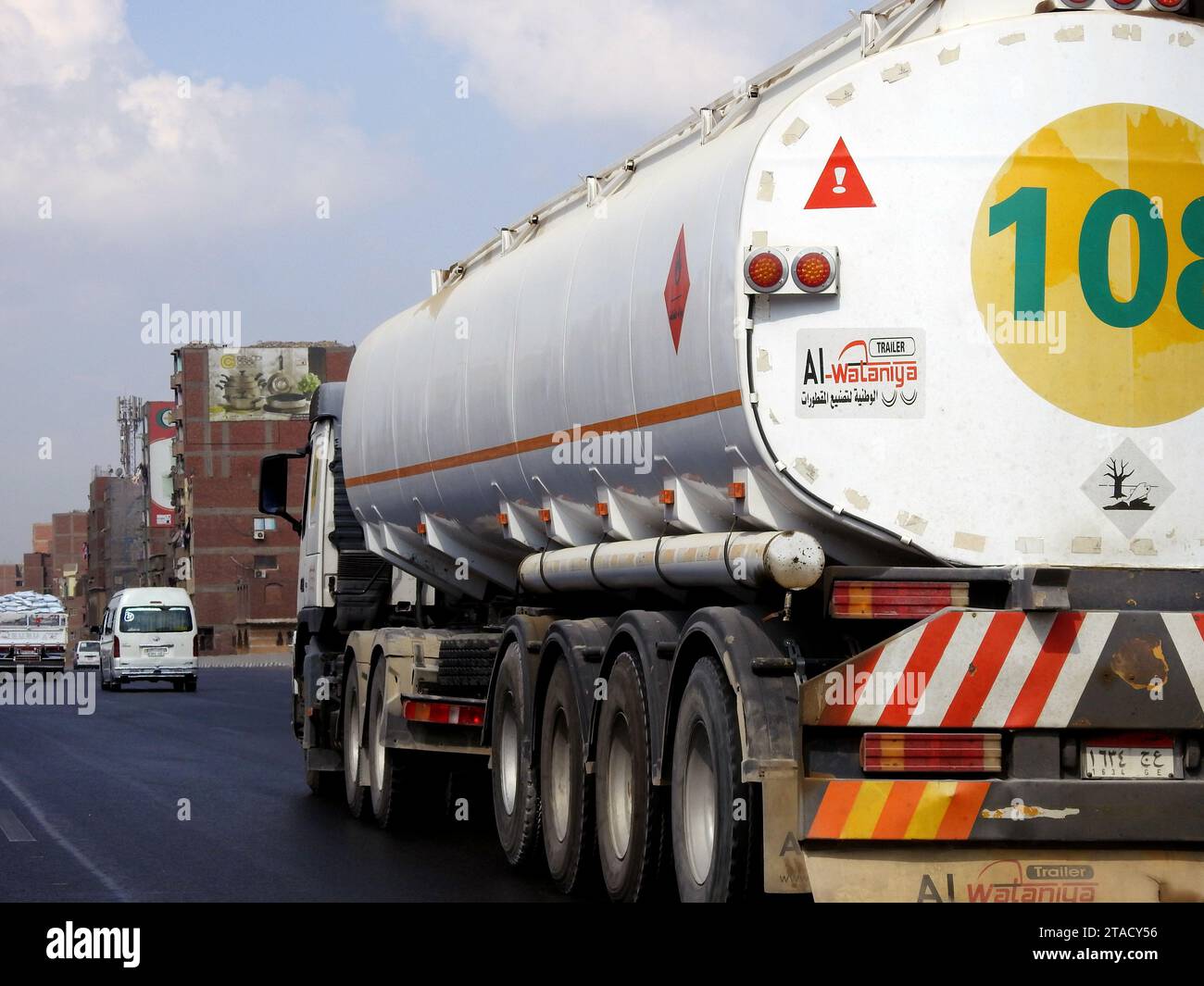 Giza, Egypt, September 9 2022: Tanker truck with a container tank with ...