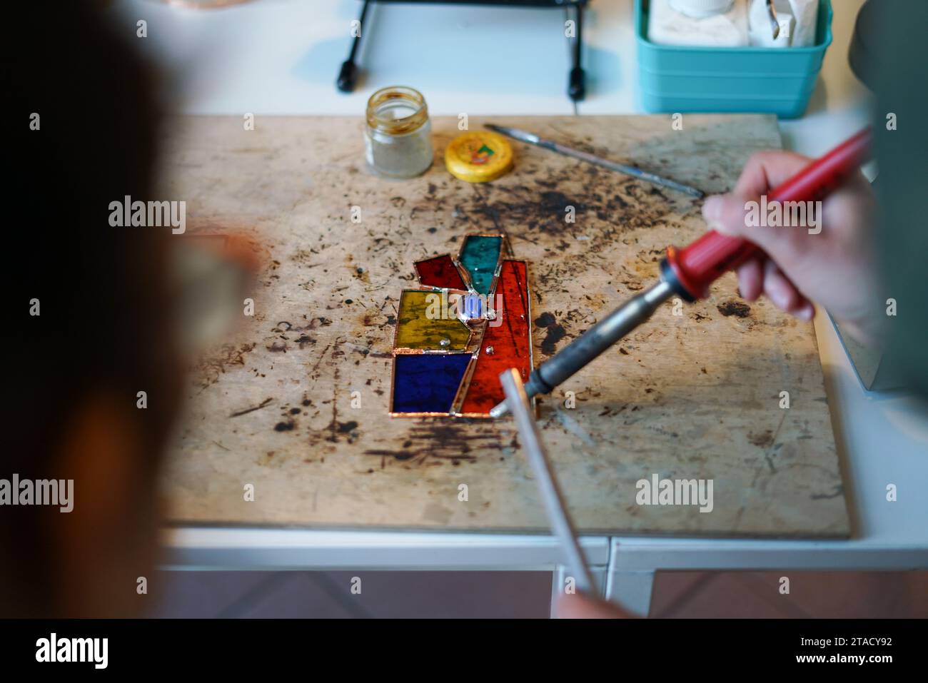 Stained glass workshop, creative time Stock Photo - Alamy