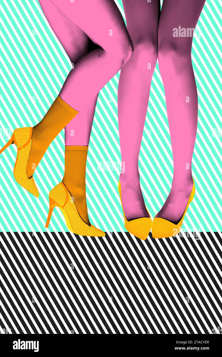 Poster. Contemporary art collage. Two young woman, legs dancing against ...