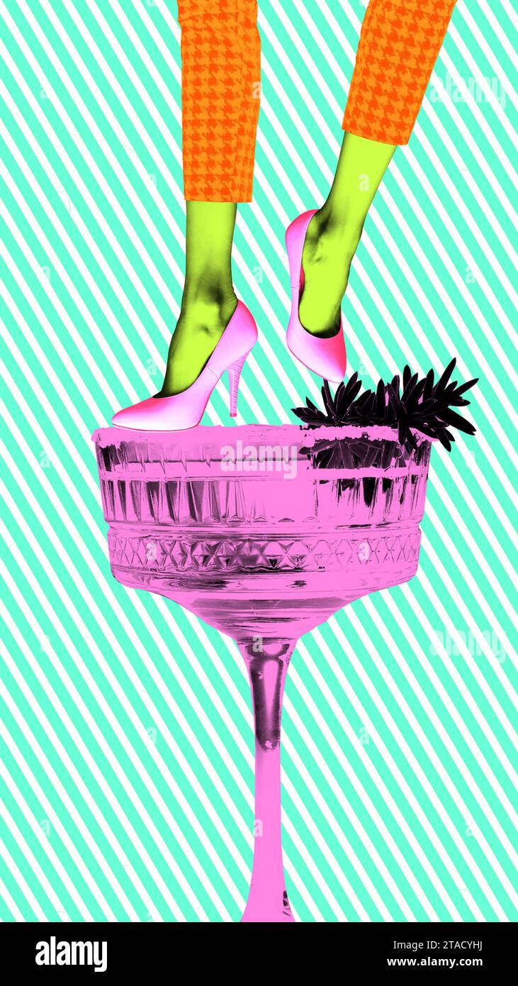 Poster. Contemporary art collage. Female legs in heels dancing on ...