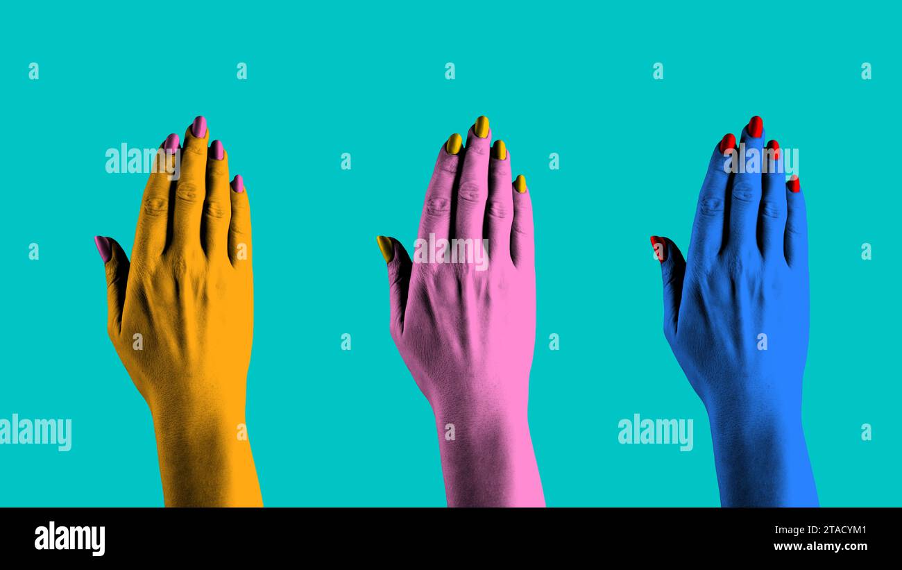 Poster. Contemporary art collage. Three female hands in vivid color ...