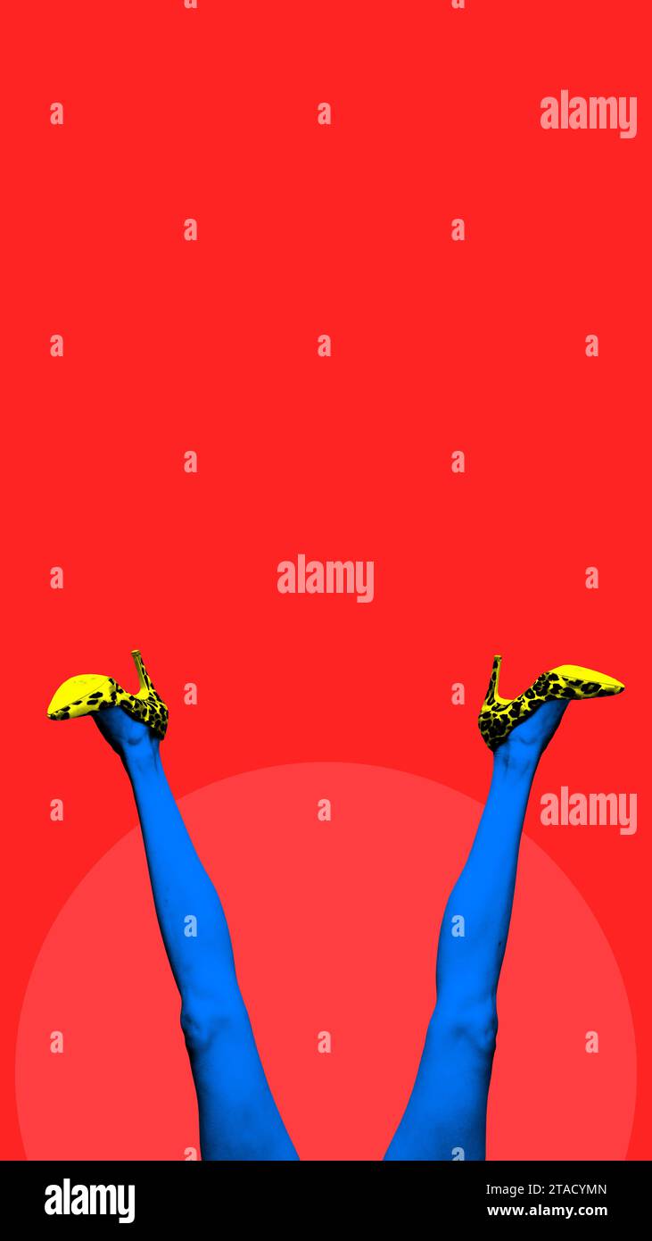 Poster. Contemporary art collage. inverted female legs in retro hills ...