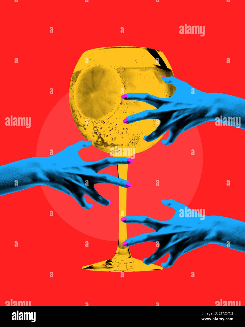 Poster. Contemporary art collage. Hands greedily grab glass with a cool ...