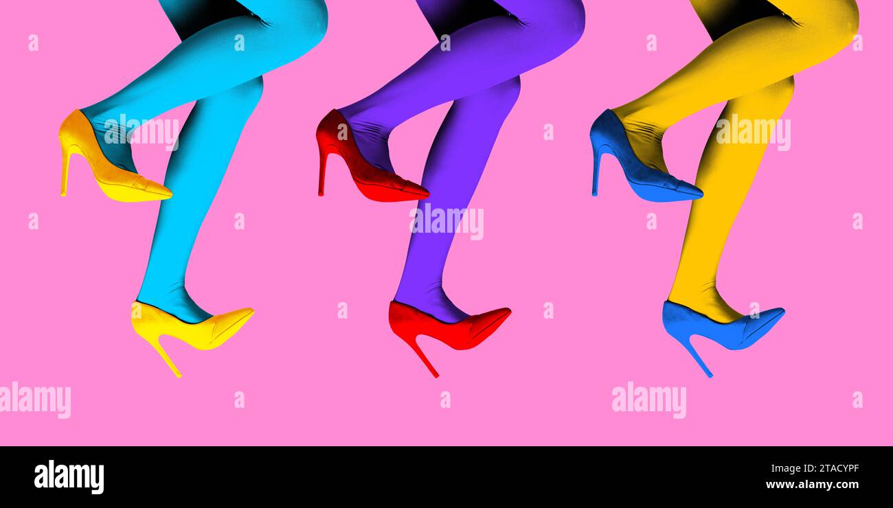 Poster. Contemporary art collage. Three pairs of legs lift s high when ...