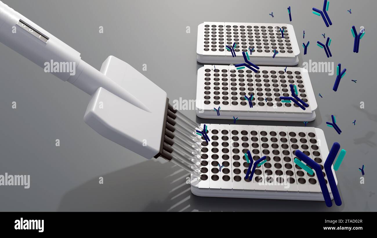 Close-up 3D rendering of ELISA kits with removable plate strips, an 8 ...