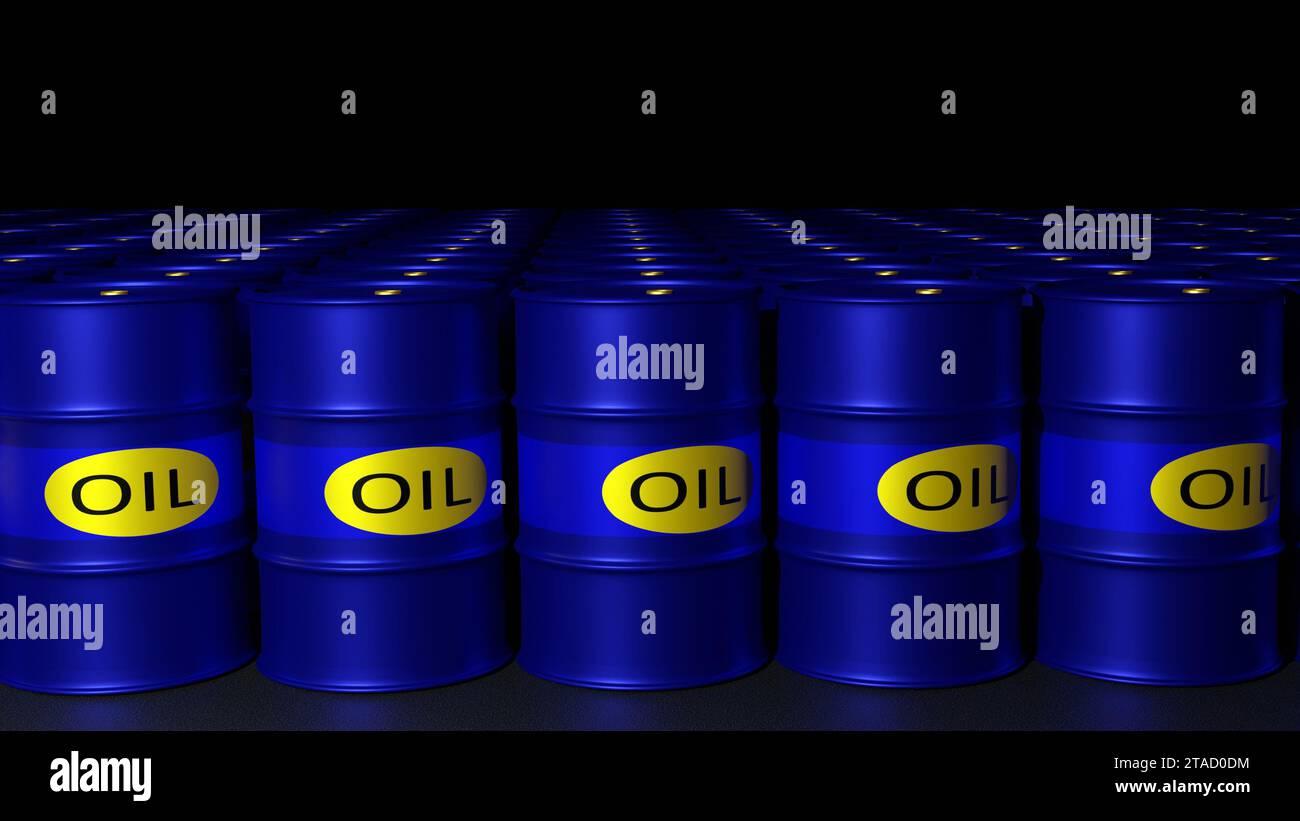3d rendering of fossil fuel, petroleum gasoline barrels on a black ...