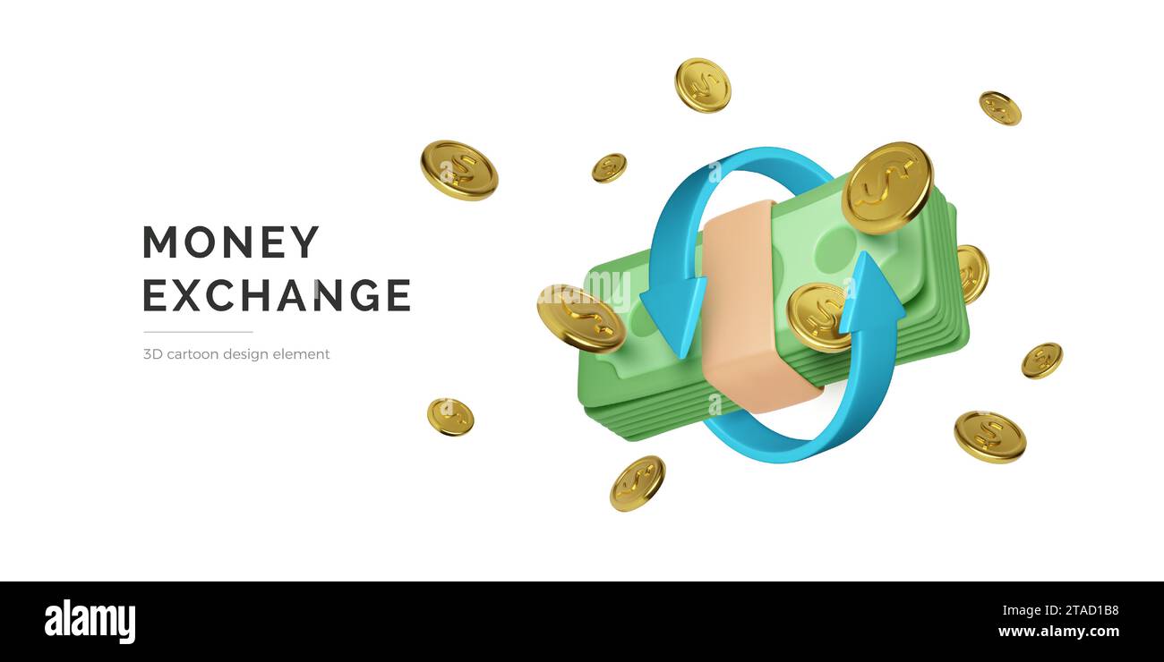 Money exchange concept. 3D render green cash currency circular arrows ...