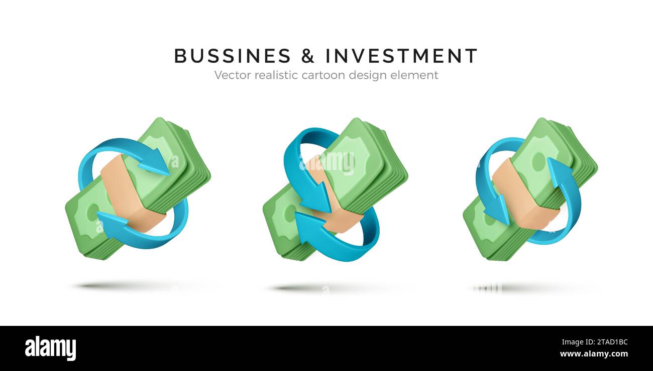 Set of 3D dollar bundle with circle arrows. Finance management ...