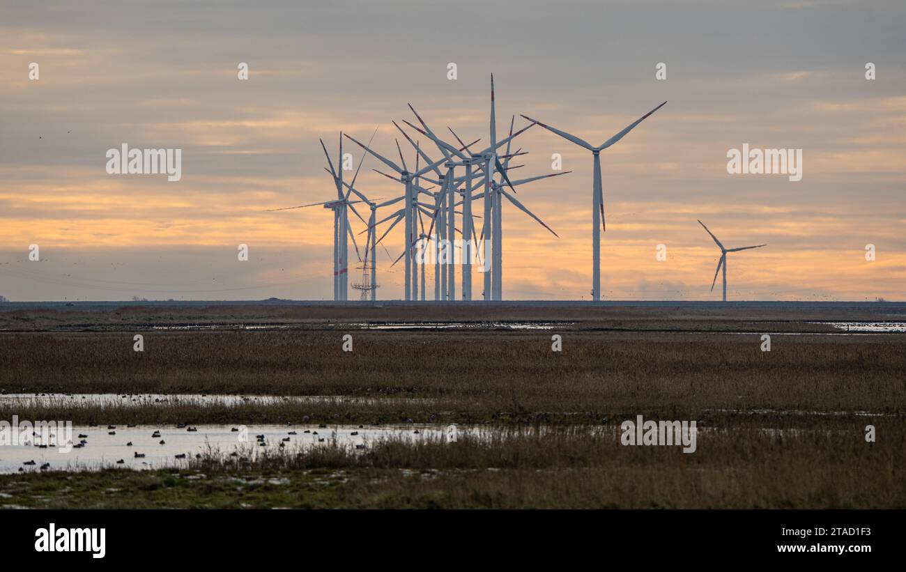 A wind energy farm, seen in a blue haze, stands near the North Sea ...