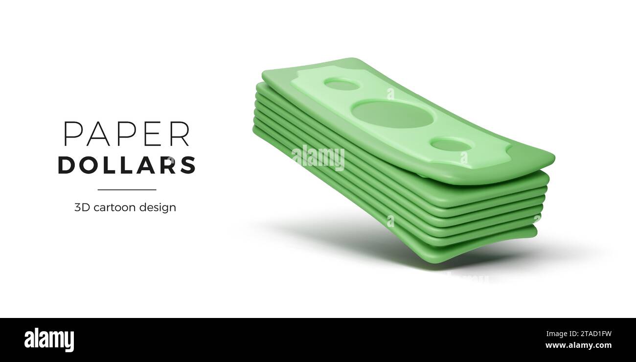 Stack of dollars. Green paper currency. 3D cartoon bundle of money ...