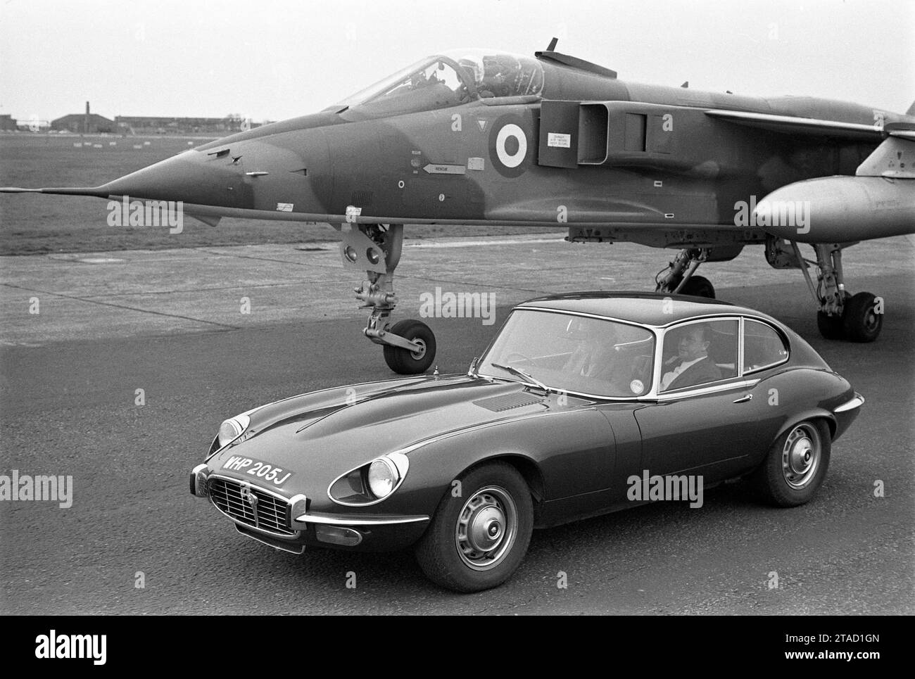 1971 Jaguar E-type Series 3, V12 engine, WHP 205J, parked beside RAF ...