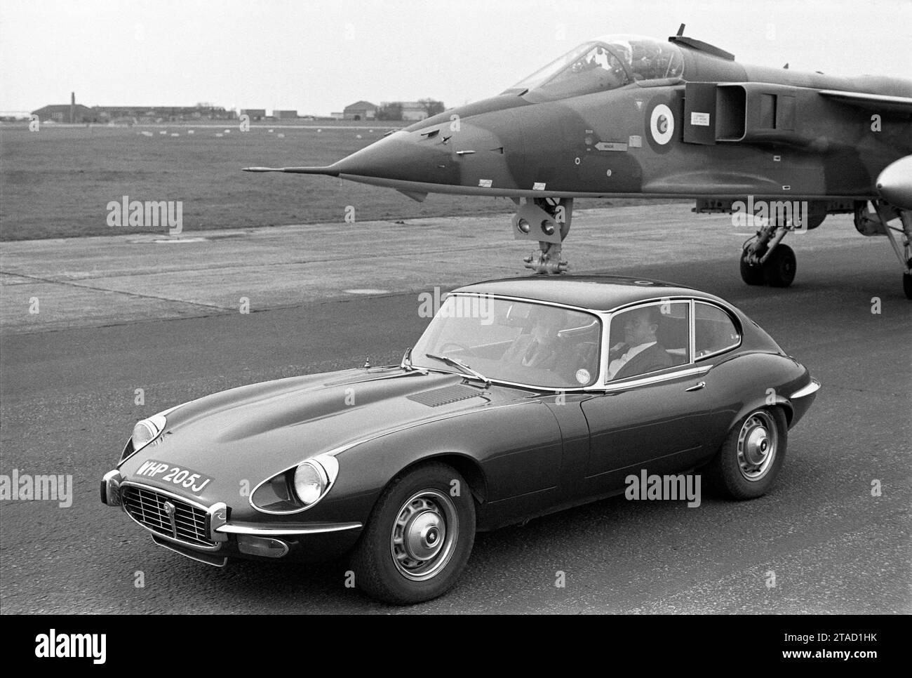 1971 Jaguar E-type Series 3, V12 engine, WHP 205J, parked beside RAF ...