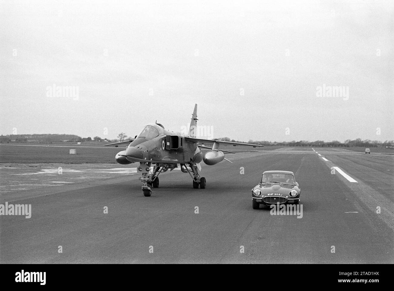 1971 Jaguar E-type Series 3, V12 engine, WHP 205J, parked beside RAF ...