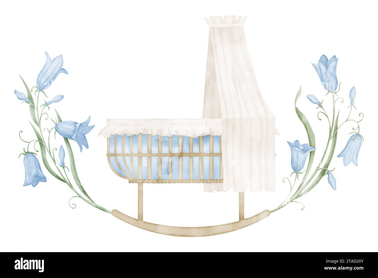 Cradle watercolor illustration. Hand drawn Crib in pastel colors for ...