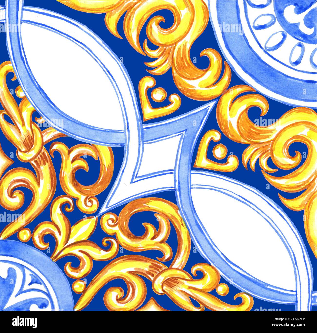 Ceramic tile design in blue and yellow colors. Sicilian seamless ...