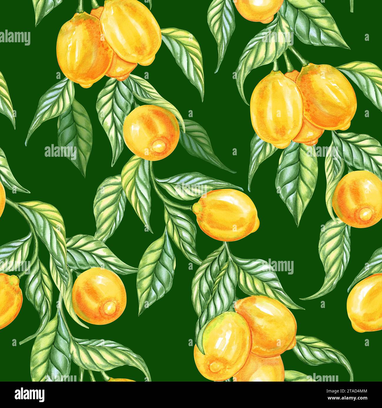 Ripe yellow lemon fruits with leaves watercolor seamless pattern ...