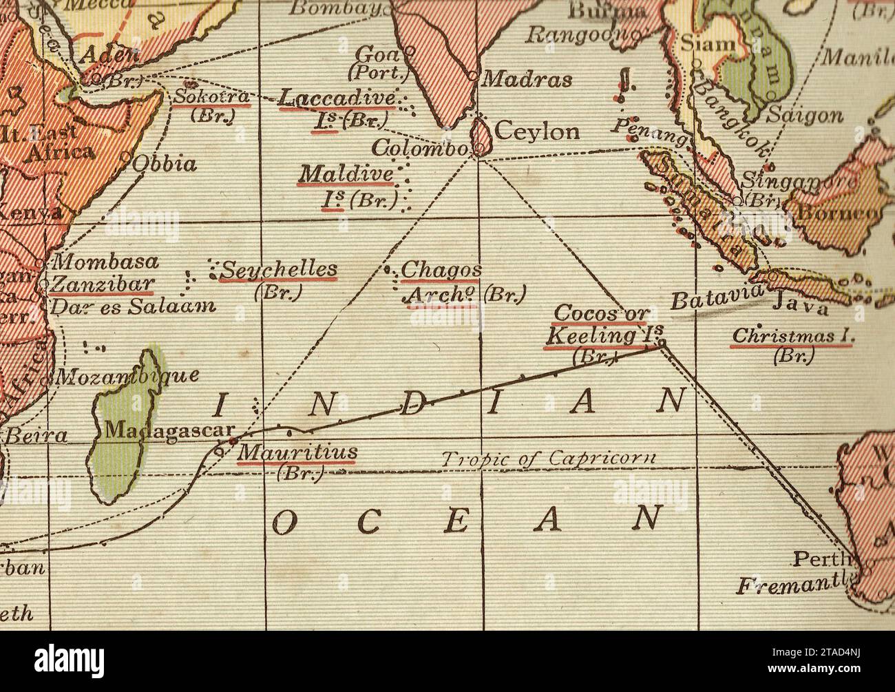 A vintage/antique political map of the Indian Ocean in sepia Stock ...