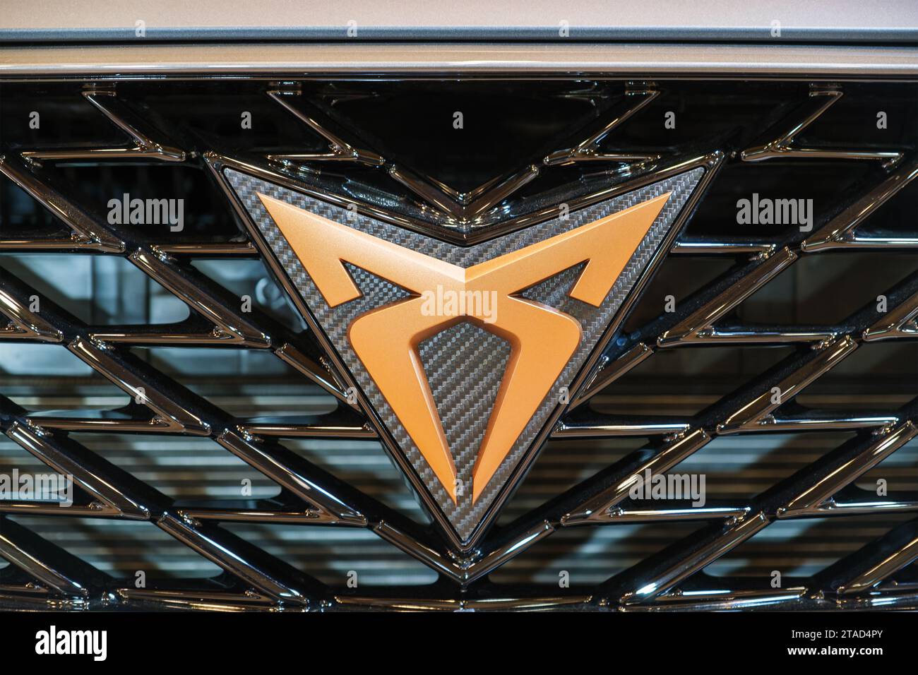 Cupra electric car logo emblem close up Stock Photo - Alamy