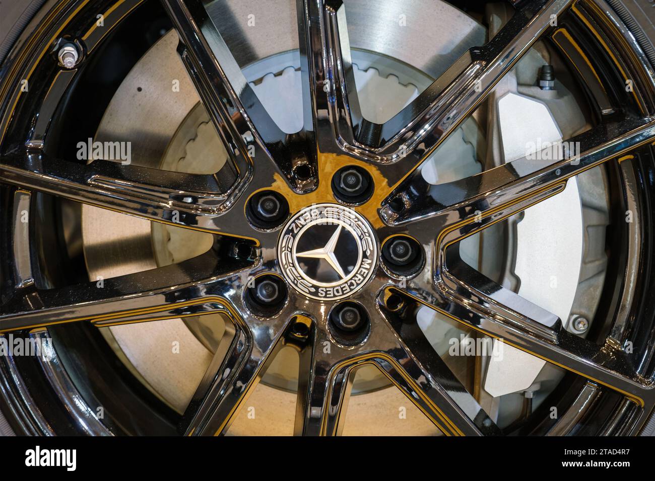 Car wheel disc with Mercedes-Benz car logo emblem close up Stock Photo ...