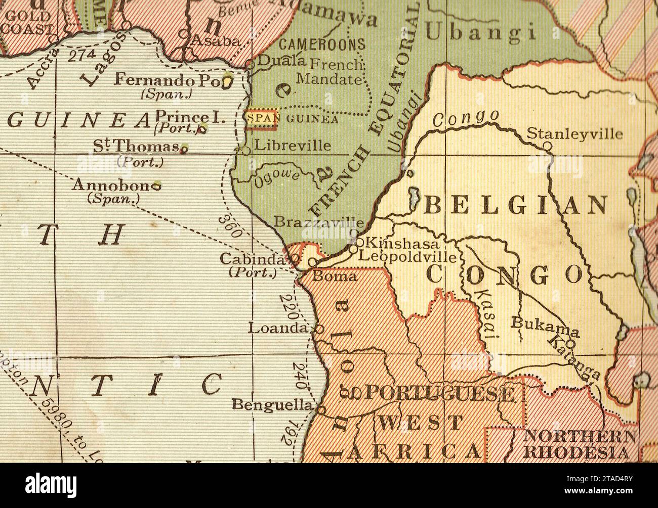 A vintage/antique political map of the Belgian Congo, Africa in sepia ...