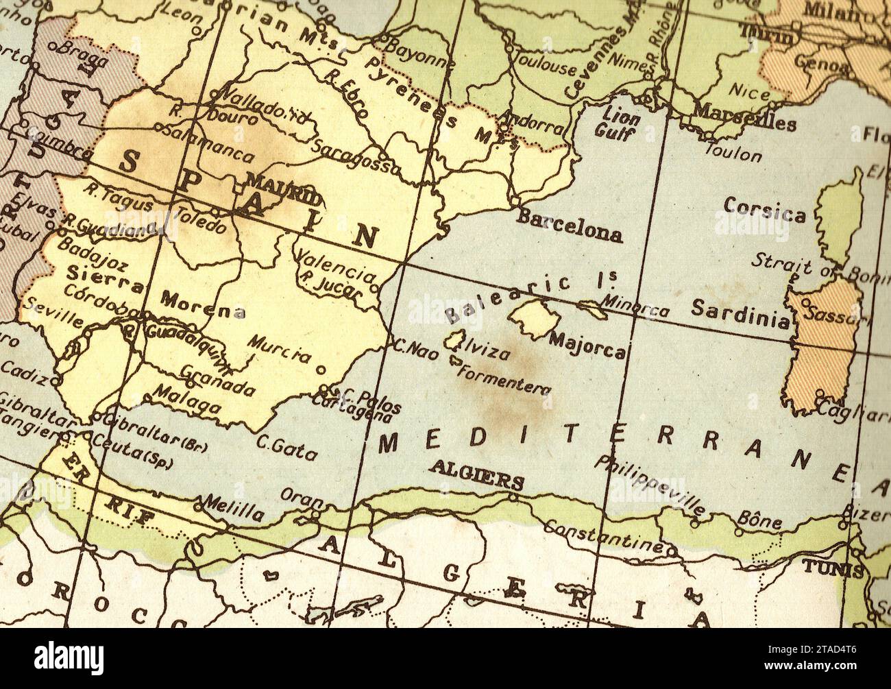 A vintage political map of Spain and Algeria in sepia Stock Photo - Alamy