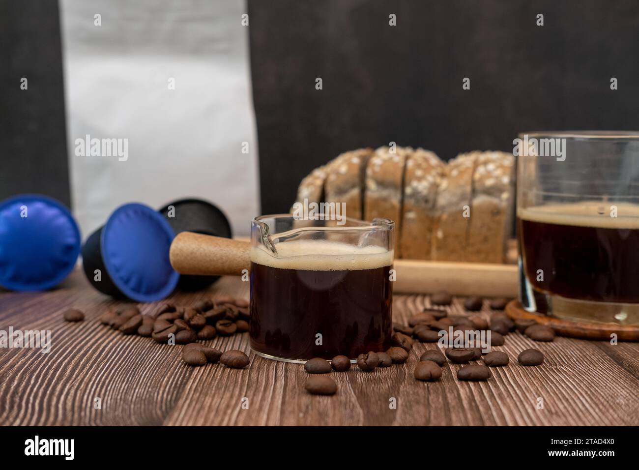 Coffee cup, coffee flavored bread slices with coffee beans around Stock ...
