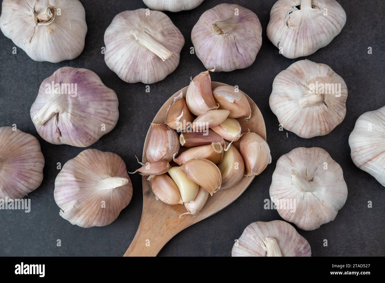 Big and small heads of garlic on a black background Stock Photo - Alamy