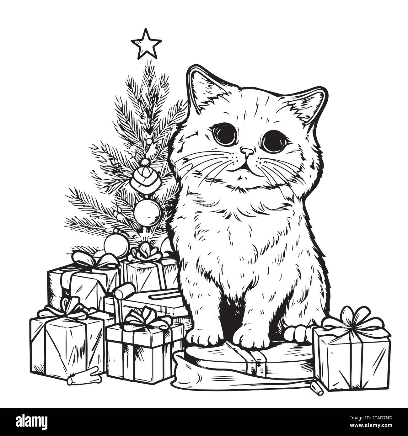 Christmas Kitten with Christmas Tree and Gifts Hand Drawn Sketch Vector ...
