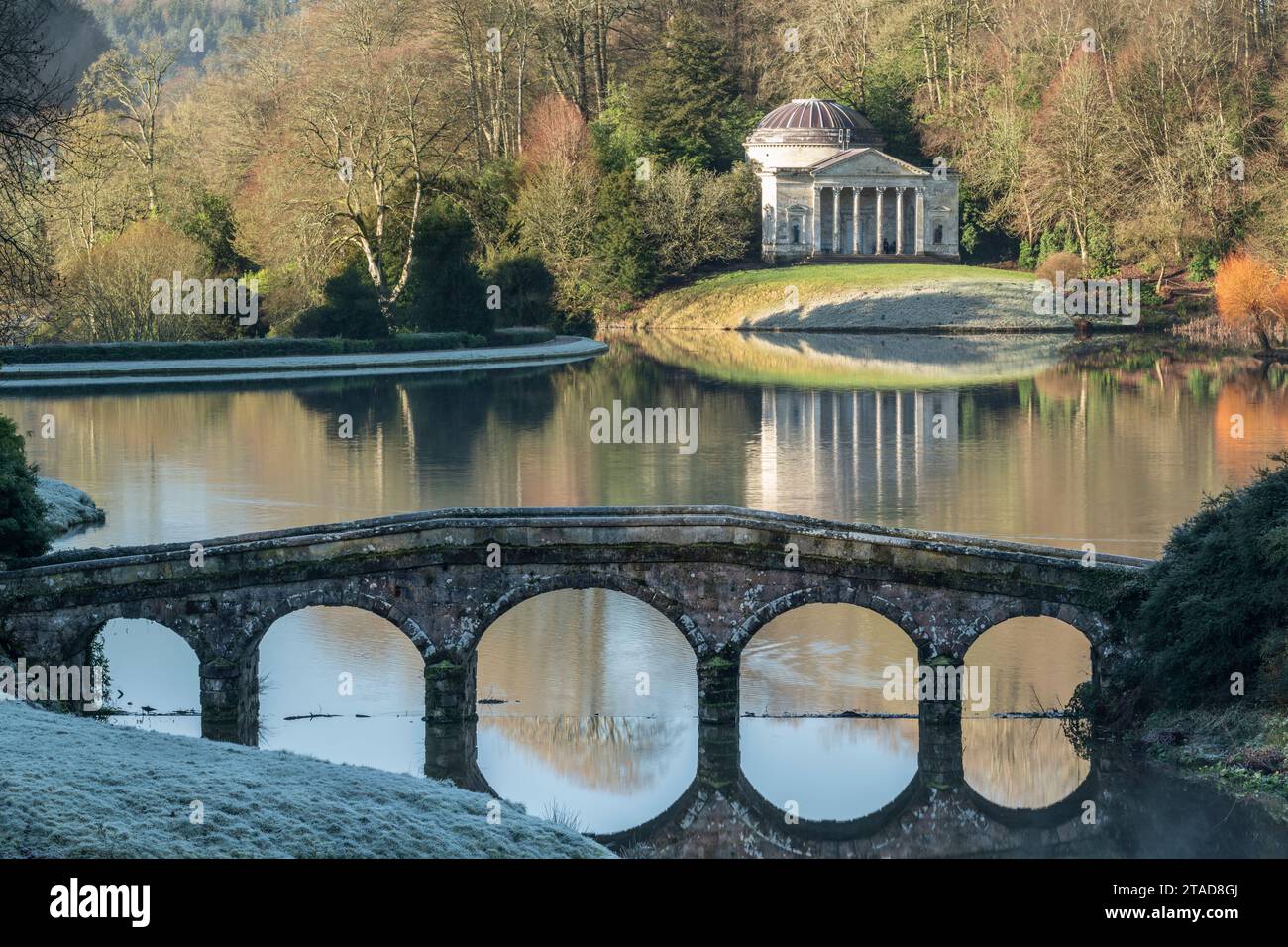 View across Turf Bridge and Garden Lake to the Pantheon, in the grounds ...